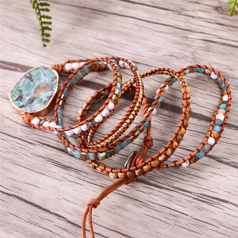 5 Layer Turquoise Jasper Stone Leather Wrap Bracelet - ZenShopWorld